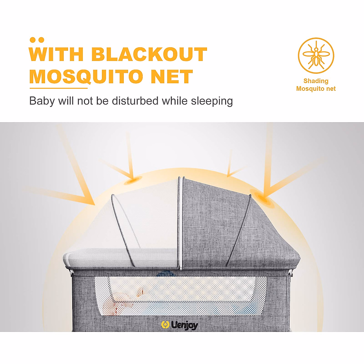 Uenjoy Baby Bassinet, Bedside Sleeper,Foldable Baby Bed to Bed, Adjustable Portable Bed for Infant/Baby/Newborn,with Mosquito Nets, Large Storage Bag, Comfortable Mattresses, Lockable Wheels,Gray
