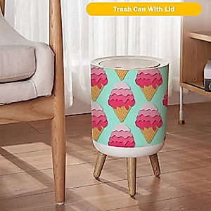 Small Trash Can with Lid Seamless of Ice cream cones 3d Paper cut style Summer dessert Wood Legs Press Cover Garbage Bin Round Waste Bin Wastebasket for Kitchen Bathroom Office 7L/1.8 Gallon