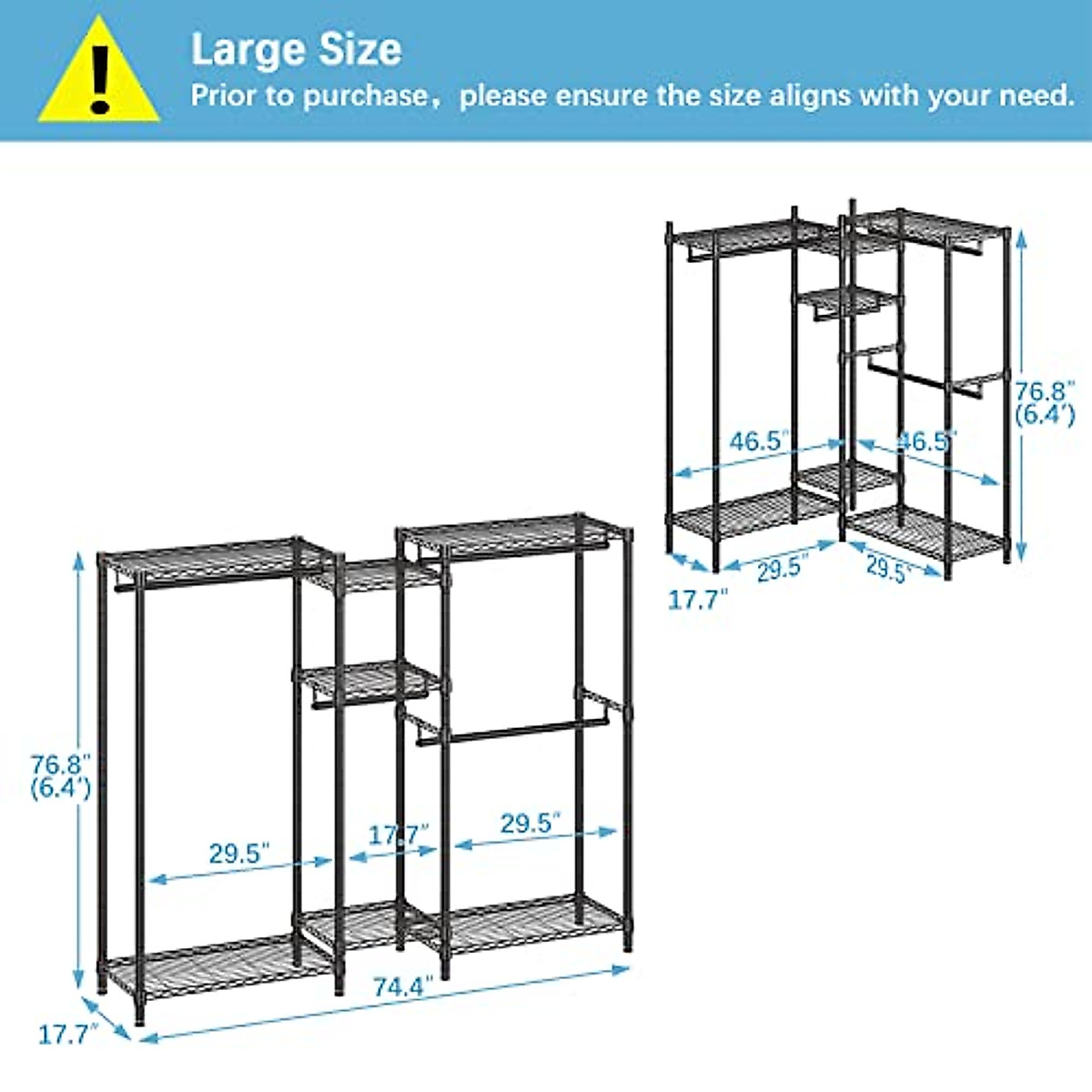 VIPEK V6 Wire Garment Rack Heavy Duty Clothes Rack Metal Clothing Rack with Shelves, Freestanding Portable Wardrobe Closet Rack for Hanging Clothes 74.4" L x 17.7" W x 76.8" H, Max Load 780LBS, Black