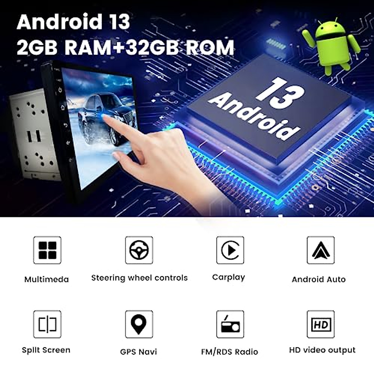 2+32GB 10.1 inch Touchscreen Double Din Car Stereo with Wireless Carplay Android Auto Android 13 Car Radio Support GPS Navigation WiFi Bluetooth EQ Spilt Screen 23 UI Themes
