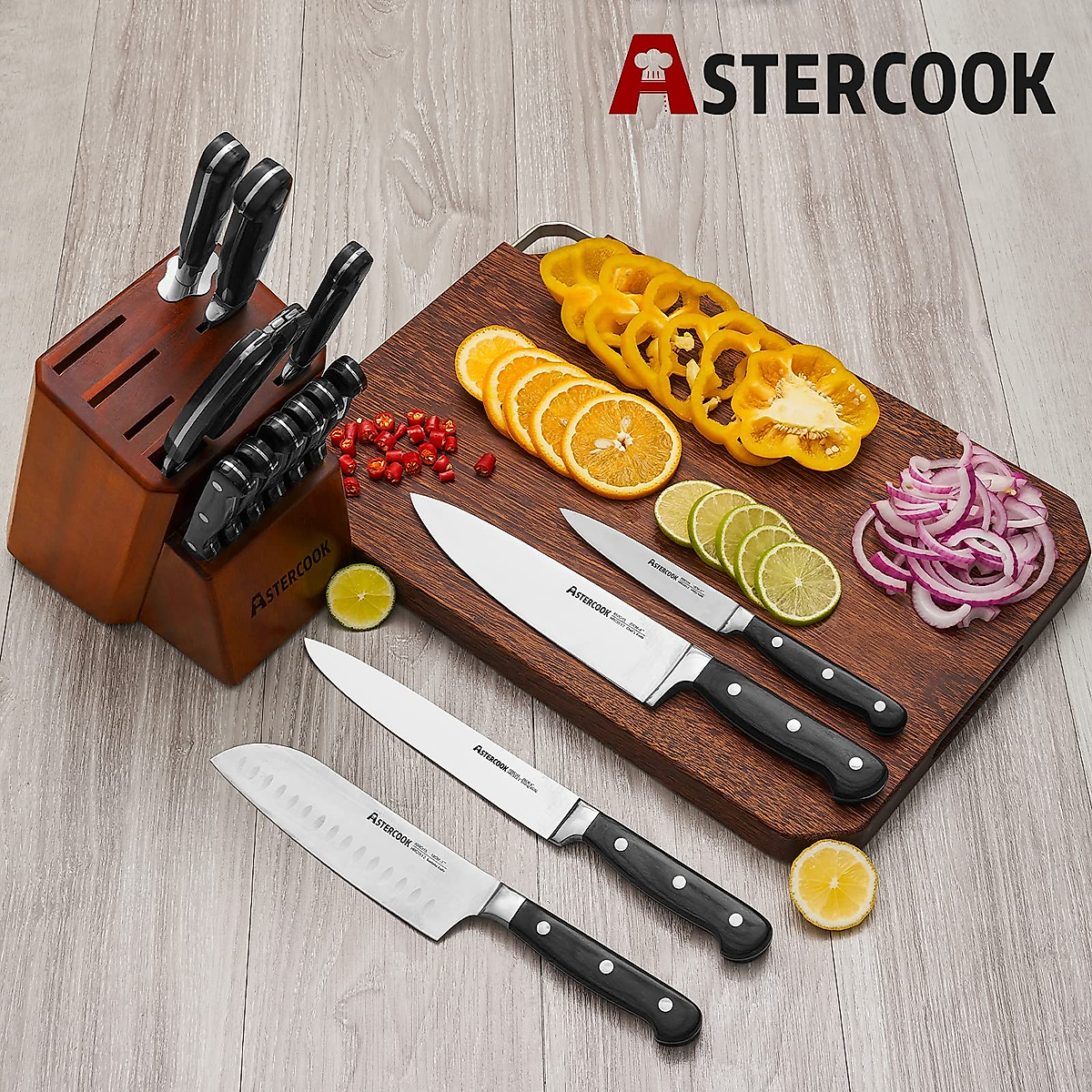 Knife Set, 15 Pcs Kitchen Knife Set With Block, Astercook German Stainless Steel With Scissors, Knife Sharpener and 6 Serrated Steak Knives