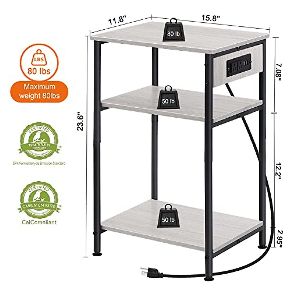 MOOACE Nightstand with Charging Station, Side End Table with USB Ports and Outlets, 3 Tier Side Table with Storage Shelf Modern Bedside Table for Bedroom Living Room, Grey