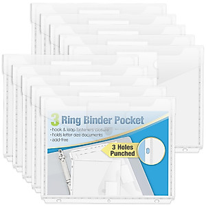 Forvencer Binder Pocket, 10 Pack Super Heavyweight Poly Binder Pocket with Hook and Loop Closure, Binder Folders Side Loading, 3 Ring Binder Pocket, Letter Size, Clear