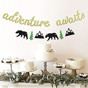 Gold Glitter Adventure Awaits Banner - Congrats Grad Bunting Sign - Graduation / Retirement / Bon Voyage / Baby Shower / Moving Party / Travel Theme Party Decorations Supplies
