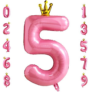 Digit Five Balloon Pink Crown Balloon 5 Year Old Sign Decor, Number 5 Foil Balloon 5th Birthday Balloon Decorations 5 Number Balloons for Wedding Bridal Shower Engagement Photo Shoot Anniversary