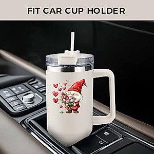 LB LEOBON 40 ounce insulated cup with handle, double-layer vacuum stainless steel material, equipped with straw, can keep warm or maintain cold drinks Red Love Gnome D white