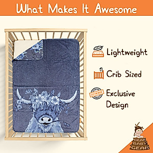 Dear Baby Gear Farm Deluxe Newborn Blanket - Double Layer Reversible, Milestone & Infant Gifts for Girls and Boys - Floral Highland Cow Denim Printed Blanket & Floral Smooth Fabric, 40 x 30 Inches