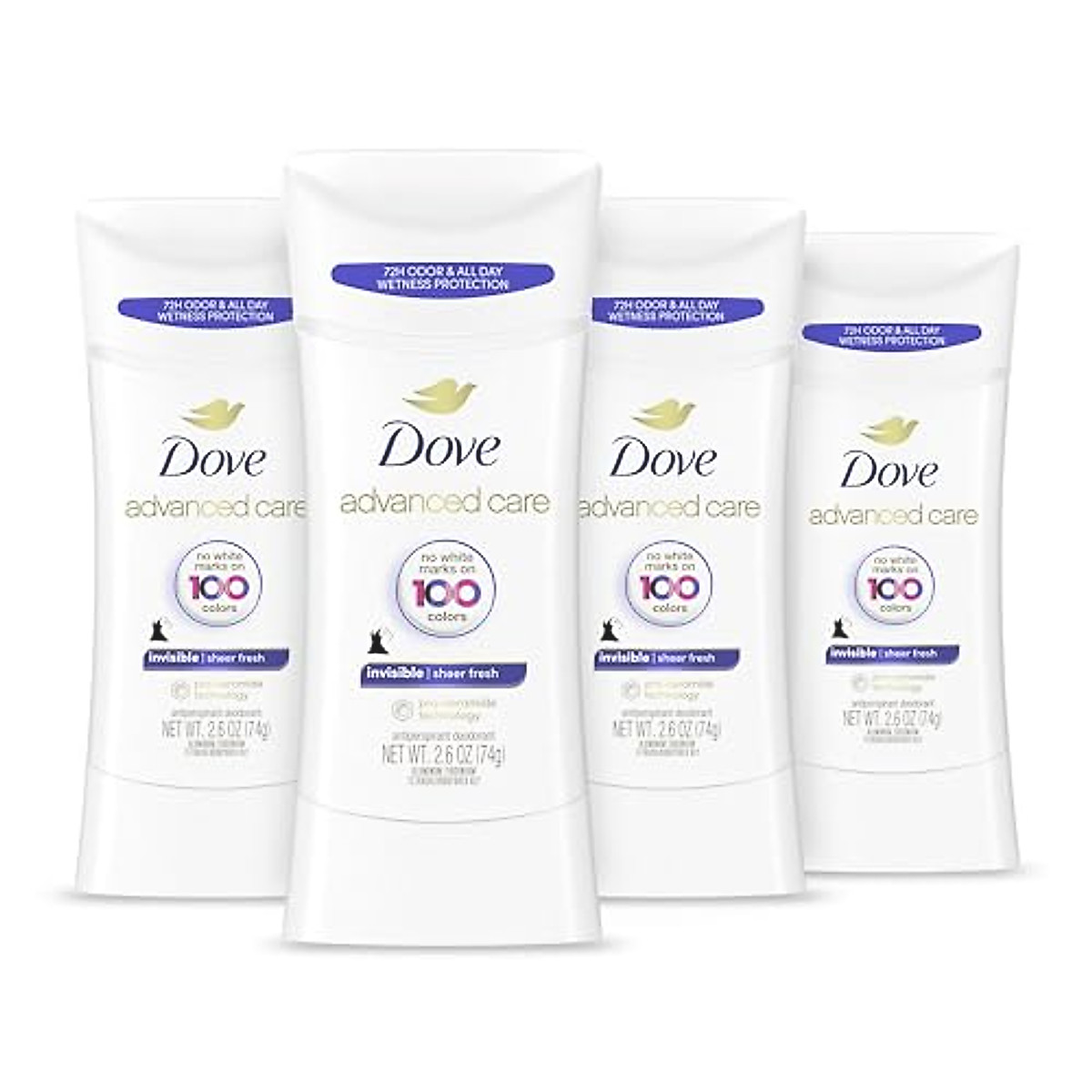 Dove Advanced Care Antiperspirant Deodorant Stick Sheer Fresh 4 Count Anti-stain antiperspirant deodorant for soft underarms 72-hour underarm odor protection and all-day sweat control 2.6 oz