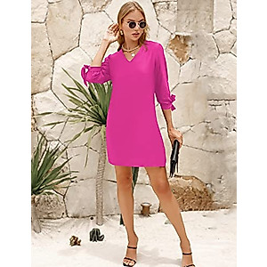 BELONGSCI Women's 2024 Summer Dress Sweet & Cute V-Neck Self Tie 3/4 Sleeve Casual Shift Dress