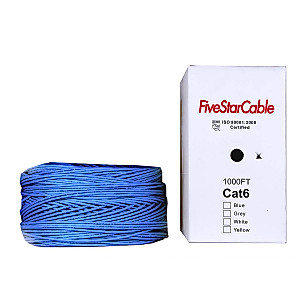 FiveStarCable Cat6 1000ft Twisted Pair 23AWG Solid UTP Network Ethernet Router Cable, 550Mhz, PVC RJ45 Wire Bulk Pull Box, Blue