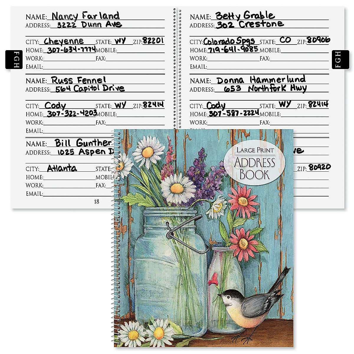 Large Print Jar Address Book by Susan Winget - Large Print Address Book, 56 Pages, Big 7 inch by 8-1/2 inch, Spiral-Bound, Easy Reading Legible Print Forms