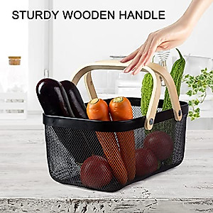 MACOIOR Portable Garden Basket-Mesh Design Natural Bamboo Handle Wire Storage Baskets,Mesh Basket with Handle Organize Items Reduce Space Occupation,Suitable for Kitchen,Garden,Picnic(Black)