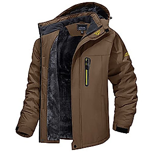 TACVASEN Men's Skiing Jacket with Pockets Winter Warm Fleece Lined Athletic Jacket, Brown, M