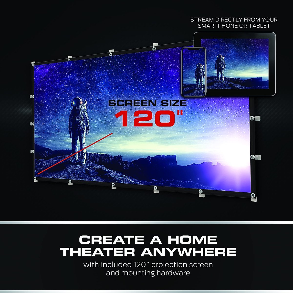 Monster Vision 1080P Image Stream Projector and 120” Portable Screen, 2500 Lumens, Universal Video/Audio/Photo Format Support, Wireless Device Mirroring, Stream Videos/Photos from Android/iOS Devices