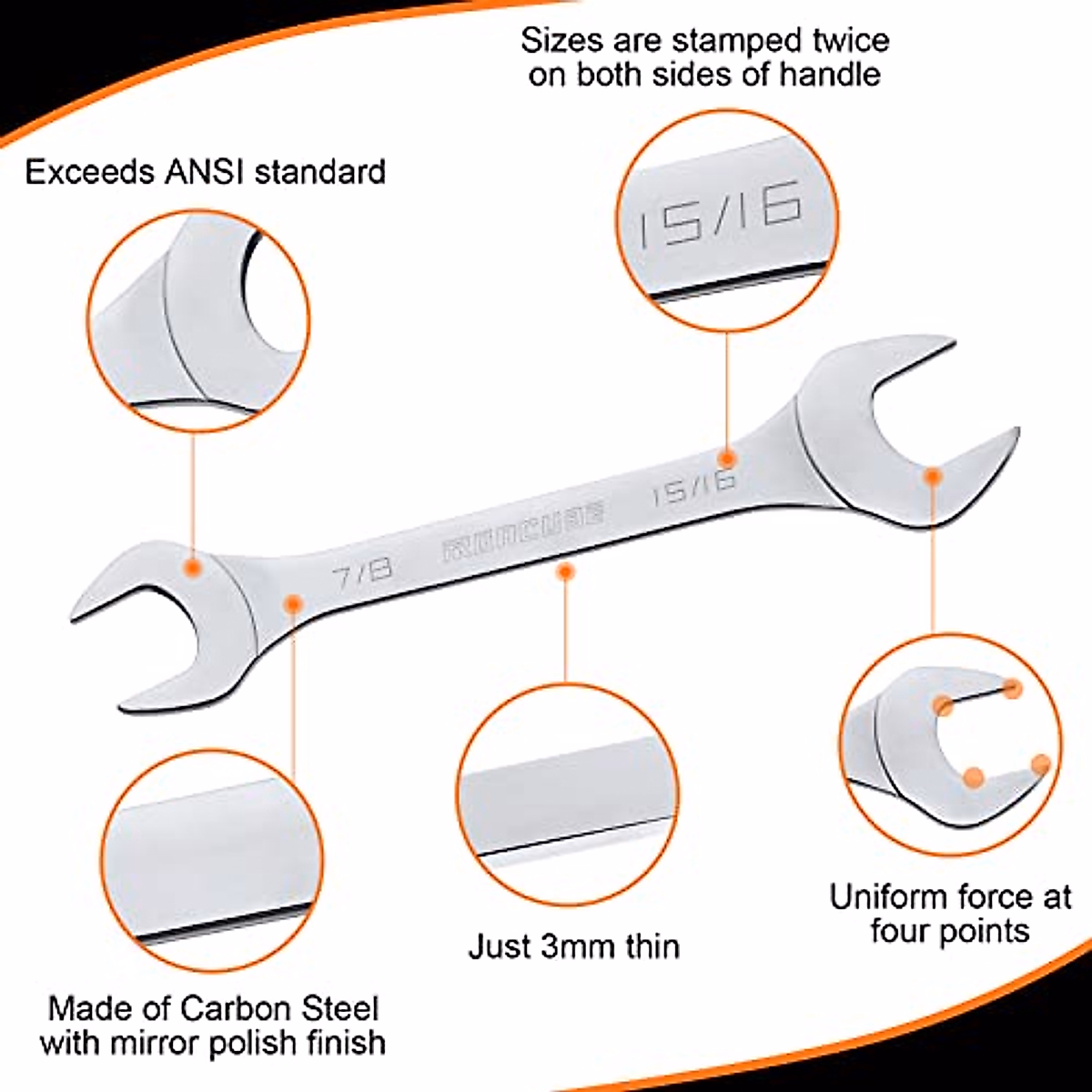 ironcube Super Thin Wrench Set, 8-Piece, SAE, 1/4 to 1-1/16, Double Open End, Slim Wrench Set With Rolling Pouch For Auto Repairs in Tight Spaces.