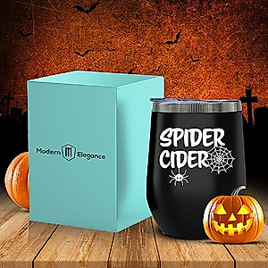 Halloween Tumbler Stemless Wine Glass – 12Oz Wine Tumbler with Straw - Cute Spider Insulated Steel Tumblers Halloween Cup - Reusable Halloween Mugs (Modern/Black - Spider Cider)