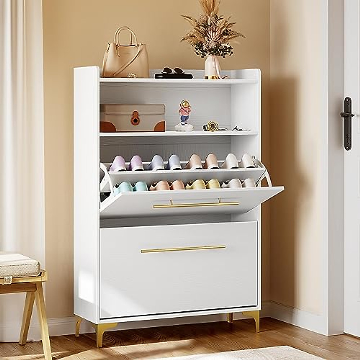 YITAHOME Shoe Cabinet with 2 Flip Drawers, Modern Shoe Storage Cabinet with Open Shelves for Entryway, Free Standing Hidden Shoe Rack Storage Organizer with Gold Metal Handle and Legs, White