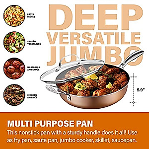 Gotham Steel Sauté Pan with Lid – 5.5 Quart Multipurpose Nonstick Jumbo Cooker with Glass Lid, Stainless Steel Handle & Helper Handle, Oven & Dishwasher Safe, 100% PFOA FREE