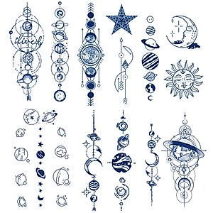 Semi-permanent Planet Temporary Tattoos, 6-Sheet 2 Weeks Long Last Waterproof Moon Star Sun Tattoos, Plant-Based Ink Tattoos Sticker