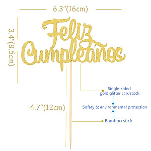 Spanish Feliz Cumpleaños Cake Topper - Gold Glitter Happy Birthday Cake Topper, Fiesta Theme Party Decoration supplies, single-side gold glitter decorations