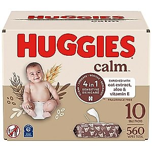 Huggies Calm Baby Diaper Wipes, Unscented, Hypoallergenic, 10 Push Button Packs (560 Wipes Total)