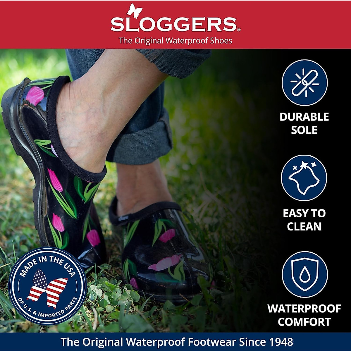 Sloggers Original Waterproof Rain and Garden Shoe for Women– Outdoor Slip-On Garden Clog - Made in The USA with Premium Comfort Insole and Arch Support - Flower Power, Size 7