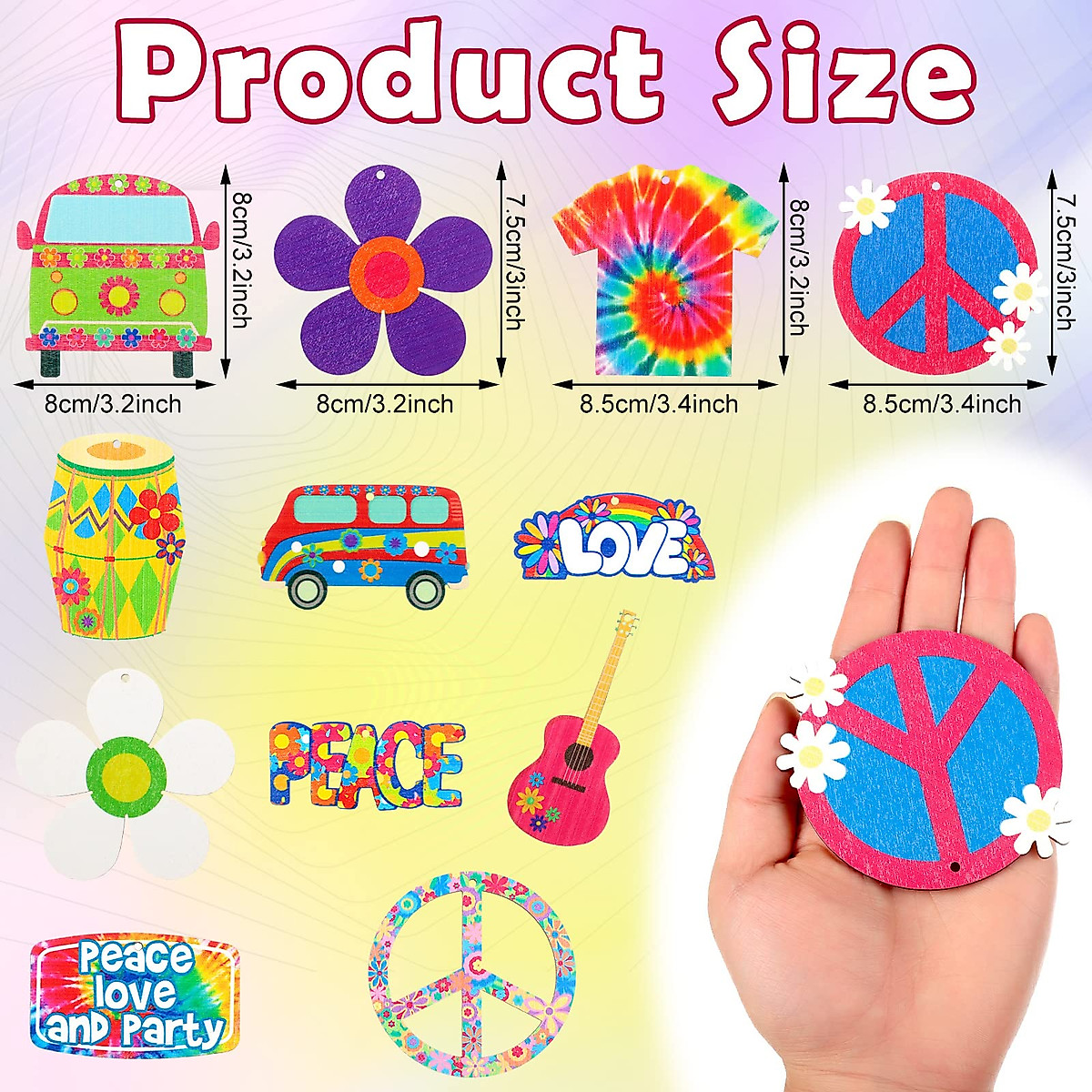 36 Pieces 60 70's Hippie Groovy Party Tie Dye Birthday Wooden Hanging Ornaments Hippy Retro Flower Peace Sign Wooden Hanging Ornaments for 60's Vibe Party Decoration DIY Craft