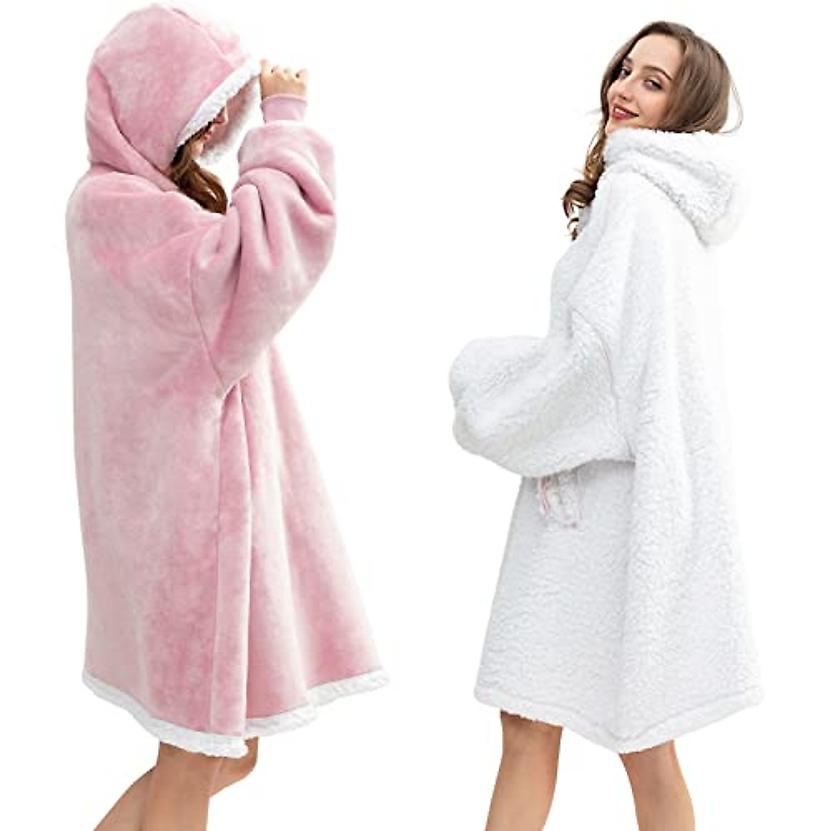 HBlife Oversized Wearable Blanket Hoodie for Adult, Thick Sherpa Sweatshirt with Elastic Sleeves and Giant Pockets Super Warm and Cozy Fuzzy Plush Fleece Blanket Jacket, Pink