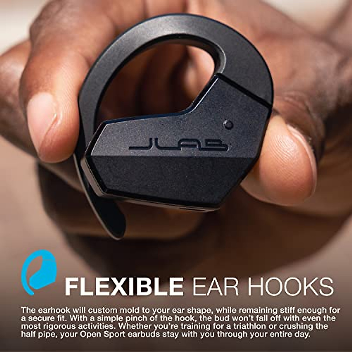 JLab Open Sport Open-Ear Wireless Earbuds | Black | Flexible Earhook | Bluetooth Multipoint | Dual Connect | Safe Listening | Optional Glasses Clip | 24+ Hours Battery Life | Custom EQ Sound Settings