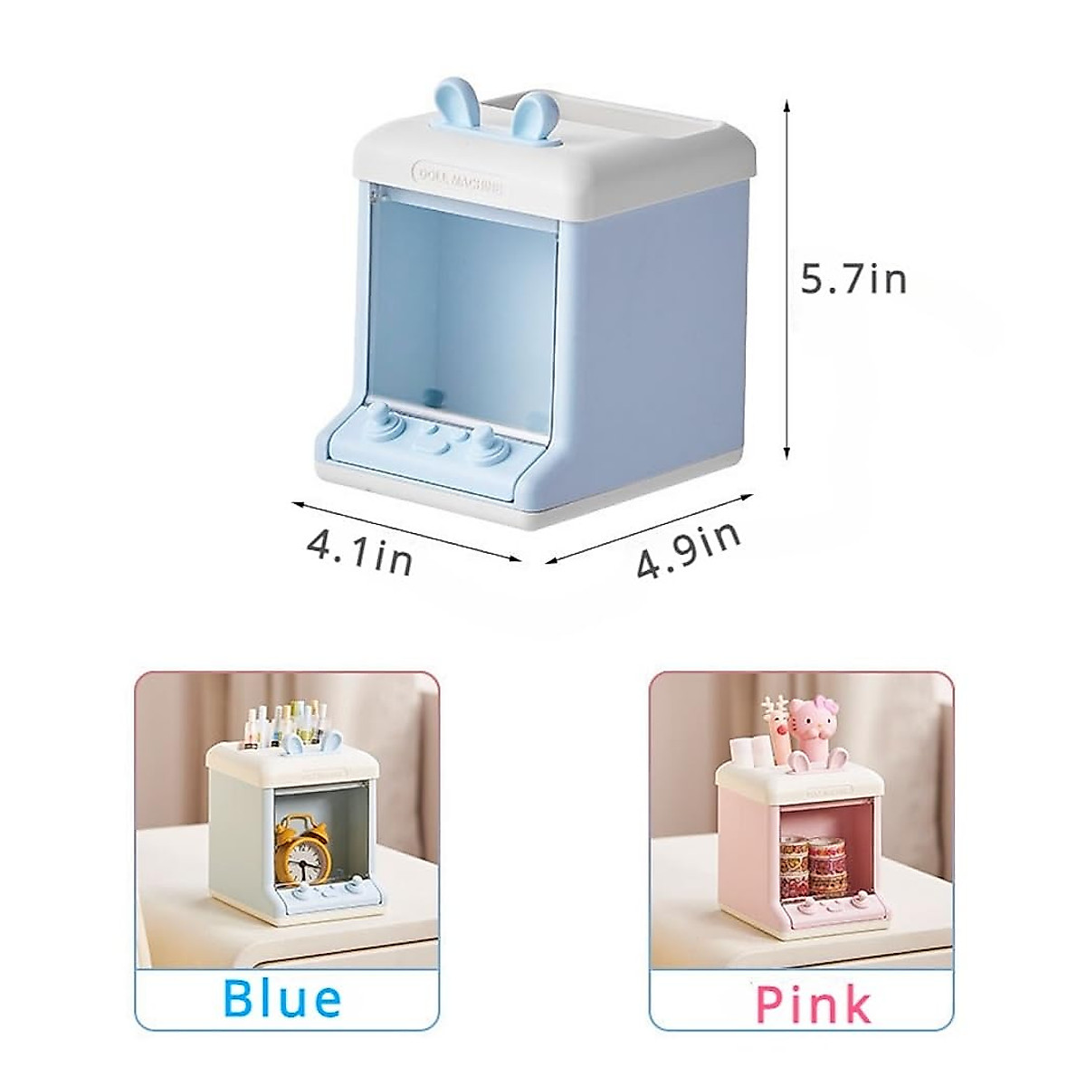 Cosmetics Storage Box with Kawaii Stickers Makeup Organizer Bunny Pen Holder Cute Rabbit Ears Aesthetic Pencil Case (Blue+Random Pattern Stickersv)