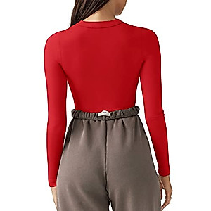 REORIA Women's Fall Fashion Crew Neck Double Lined Long Sleeve One Piece Fitted Tight T Shirts Leotards Bodysuits Tops For Going Ou Red Medium