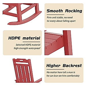 WILLIAMSPACE Rocking Chair, All Weather Resistant HDPE Patio Porch Rocker Chair with High Back, Waterproof, Easy to Maintain for Both Outdoor and Indoor (Red)