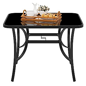 SogesGame Outdoor Patio Bistro Table Glass Coffee Tea Table Square Tempered Glass Dining Table with Umbrella Hole for Camping, Garden, Lawn