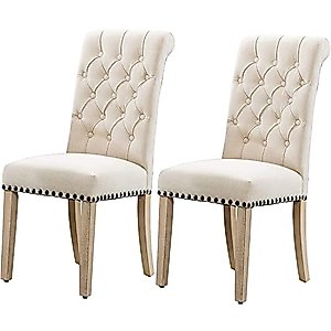 LOULENS Linen Fabric Dining Chairs, Set of 2 Modern Parson Chair, Fashionable Dining Room Chairs with Nailheads Trim, Button Tufting, Solid Wood Legs Living Room Chairs,Beige