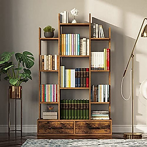 Rolanstar Bookshelf with 2 Wooden Drawers, Rustic Wood Bookshelves, Book Shelf Free Standing Storage Shelf for Bedroom, Living Room, Home Office, Rustic Brown