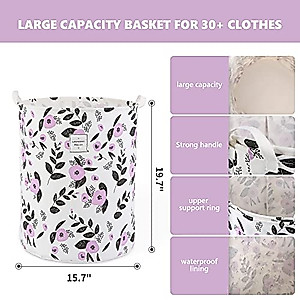 Large Foldable Laundry Basket Organizer Holder portable tall collapsible laundry hamper nusery Storage Basket Bin with Handles Canvas & Waterproof lining for Household Items (Floral Purple)