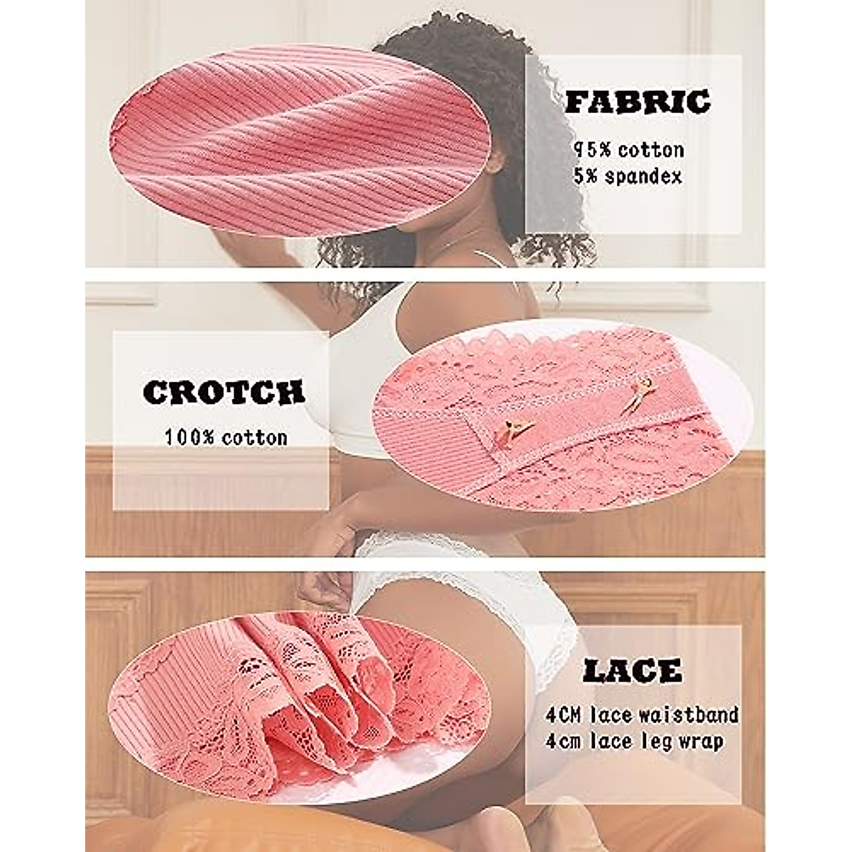 FINETOO Womens Cotton Underwear Sexy Lace Hipster Panties Soft Breathable Cotton Brazilian Bikini Ladies 6 Pack(6BM)