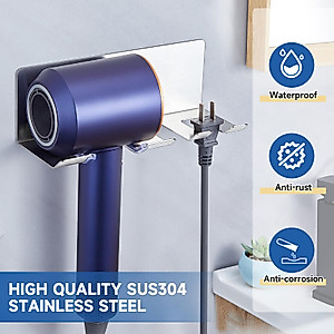 Hair Dryer Holder Wall Mounted, Adhesive Bathroom Blow Dryer Holder, Stainless Steel Hair Dryer Holder, Hair Tool Organizer No Drilling, Hairdryer Holder for Bathroom Barber Shops