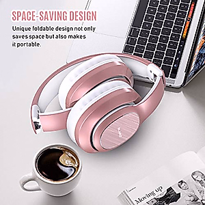 BLARO Bluetooth Headphones Over Ear, Hi-Fi Deep Bass Wireless and Wired Headsets, 72 Hours Playtime, Soft Memory Protein Earmuffs, Foldable Headphones with CVC6.0 Mic-Rose Gold