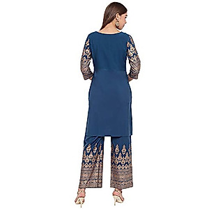 Janasya Women's Blue Foil Printed Poly Crepe Kurti With Palazzo