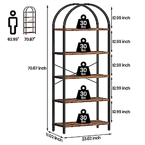 IDEALHOUSE Bookshelf 5 Tier Bookcase Arched Display Racks Tall Standing Bookshelves Metal Frame Rustic Storage Rack Shelf Brown Book Shelf for Bedroom, Living Room, Home Office, Rustic Brown