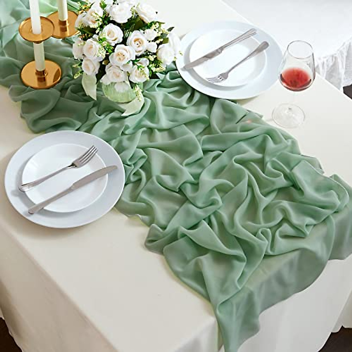 5 Pack Sage Green Chiffon Table Runner 10Ft Wedding Table Runner 29x120 Inches Sheer Romantic Tulle Table Runner for Wedding Decor Bridal Shower Baby Shower Birthday Party Cake Table Decoration