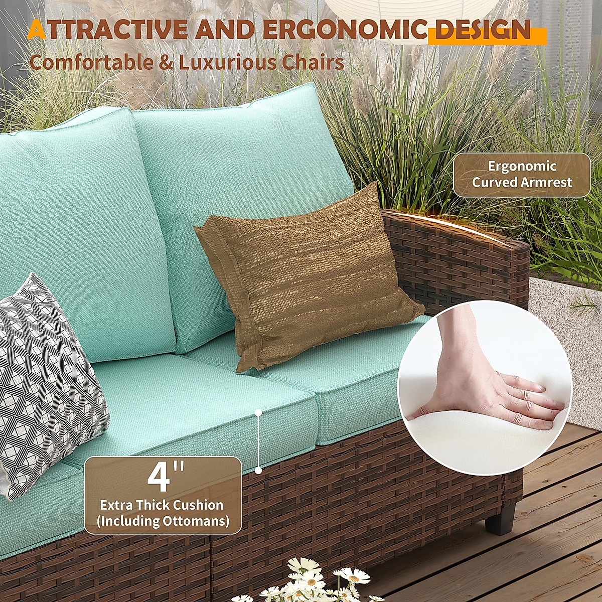 UDPATIO Patio Furniture Set, 5 Pieces Outdoor Sectional Sofa Set, All-Weather Wicker Rattan High Back Patio Conversation Set with Ottoman for Poolside, Backyard, 4" Thick Cushions, Light Blue