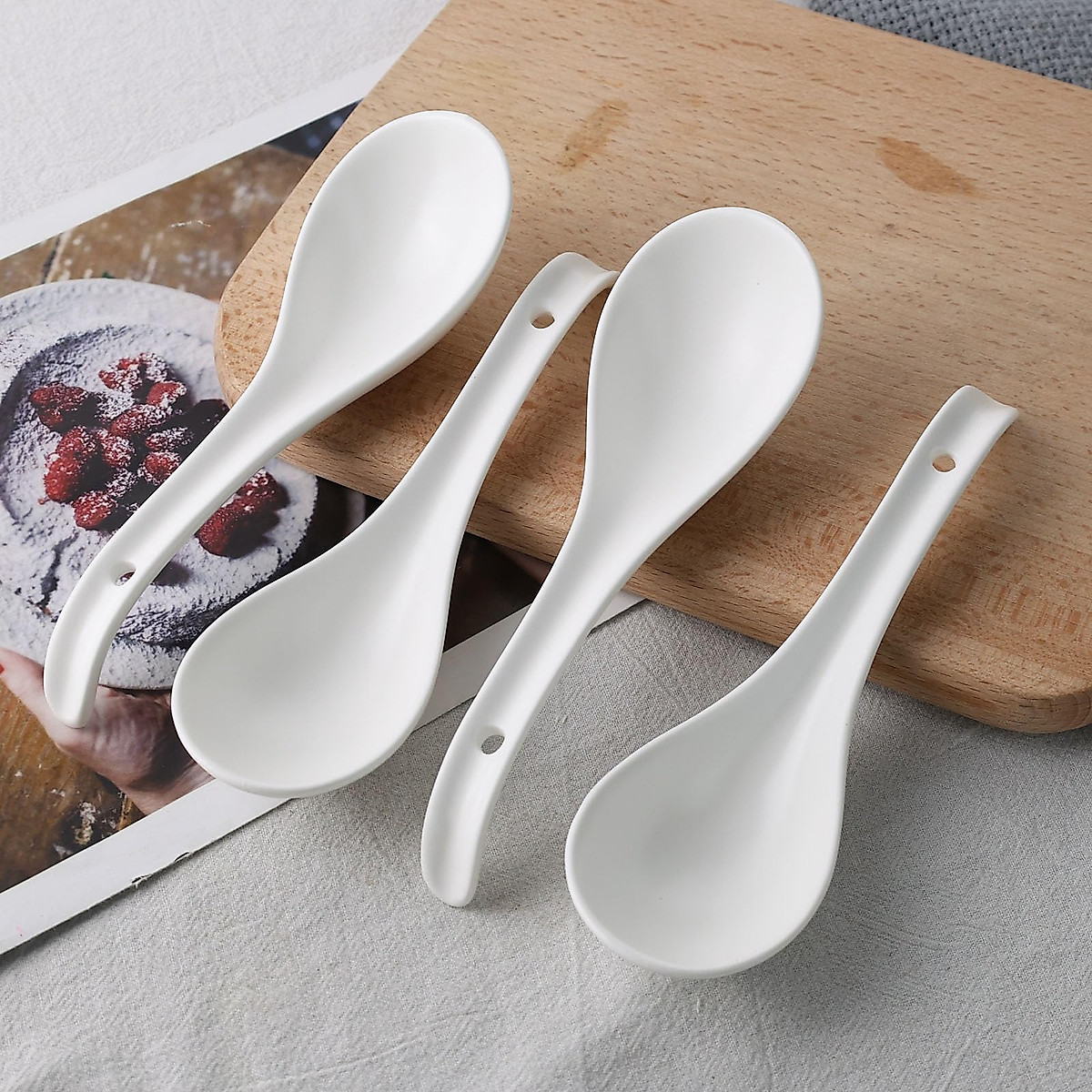 LOVEINUSA Soup Spoons, Ceramic Asian Soup Spoons 6.8 Inch White Large Japanese Soup spoons for Ramen Miso Dumpling Pho Wonton, Set of 6