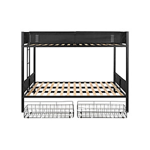 DNYN Queen Over Queen Bunk Bed with Storage Drawers & Wood Slat Support & Ladder & Safety Rails for Kids/Adults,Space Saving Design & No Box Spring Needed,Perfect for Dorm,Bedroom,Guest Room, Black