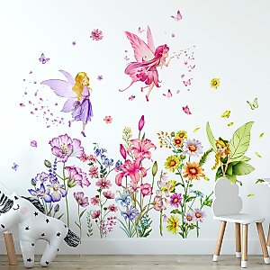 Supzone Flower Fairy Wall Stickers Butterfly Girl Wall Decals Removable Vinyl Wall Art Sticker for Girls Baby Nursery Kids Bedroom Living Room Bathroom Wall Decor Mural