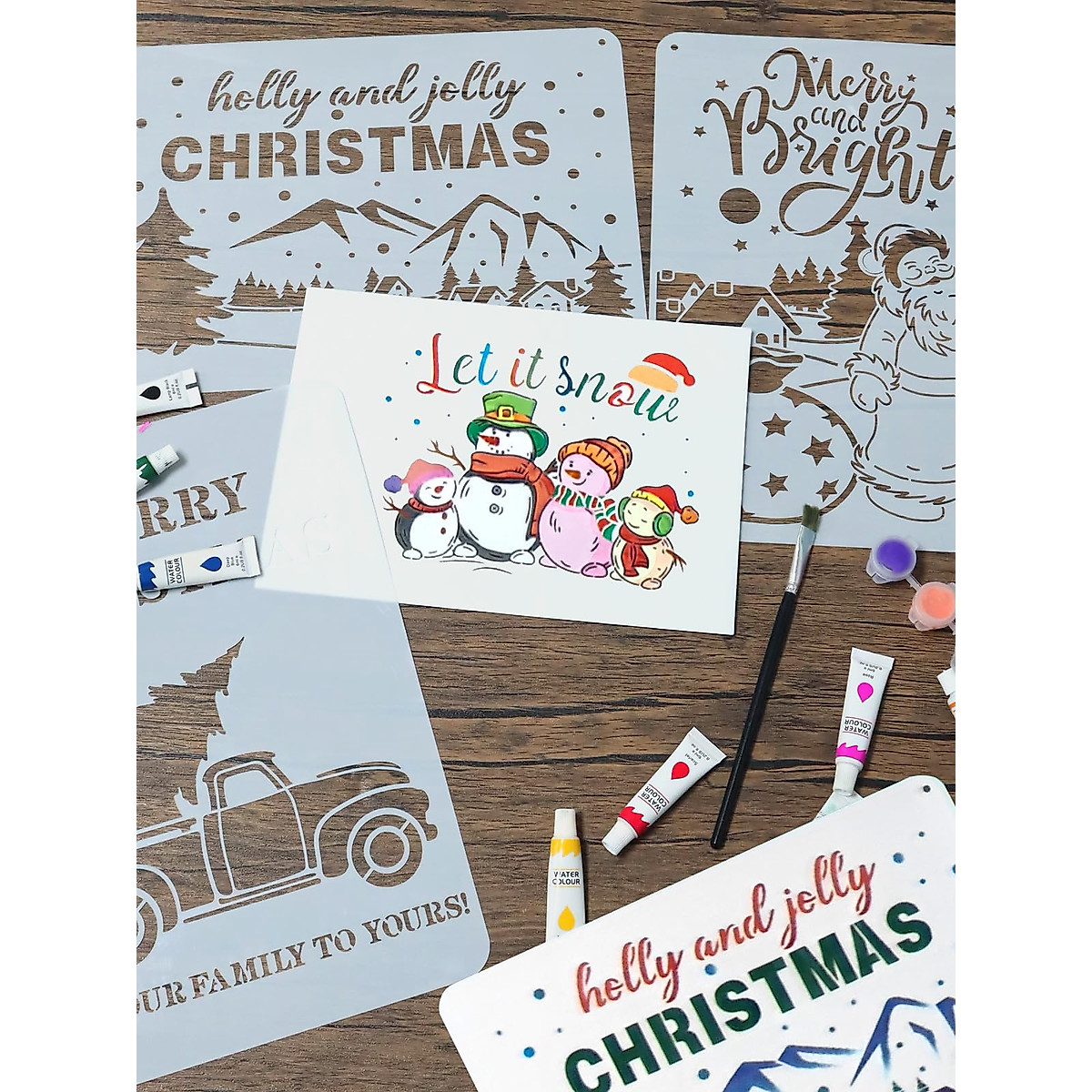 Christmas Stencils Reusable, 9Pcs Farmhouse Large Merry Christmas Stencils for Painting on Wood Winter Decor,8 X 11 Inch,Snowflake Chirstmas Tree Craft Stencils