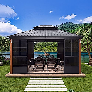 PURPLE LEAF 12' X 14' Patio Hardtop Gazebo Double Top Outdoor Screen House Aluminum Solarium Backyard Sun Room with LED Lights