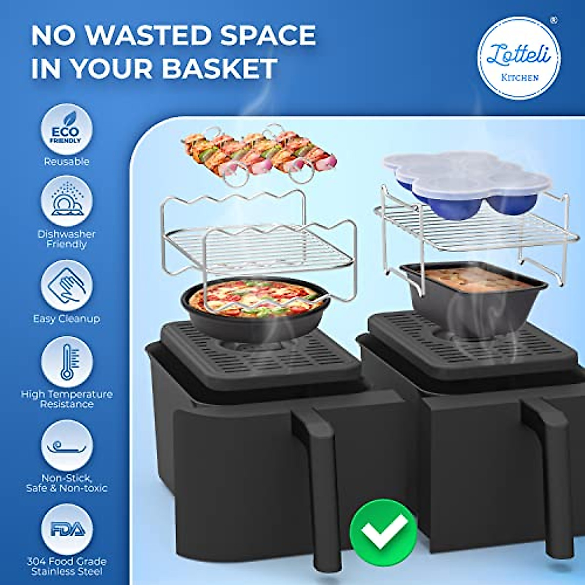 LOTTELI KITCHEN Air Fryer Rack for Double Basket Air Fryers, 304 Stainless Steel Multi-Layer Rack, Air Fryer Accessories Dehydrator Rack Compatible with Ninja Foodi DZ201/401 (6pcs Accessories)