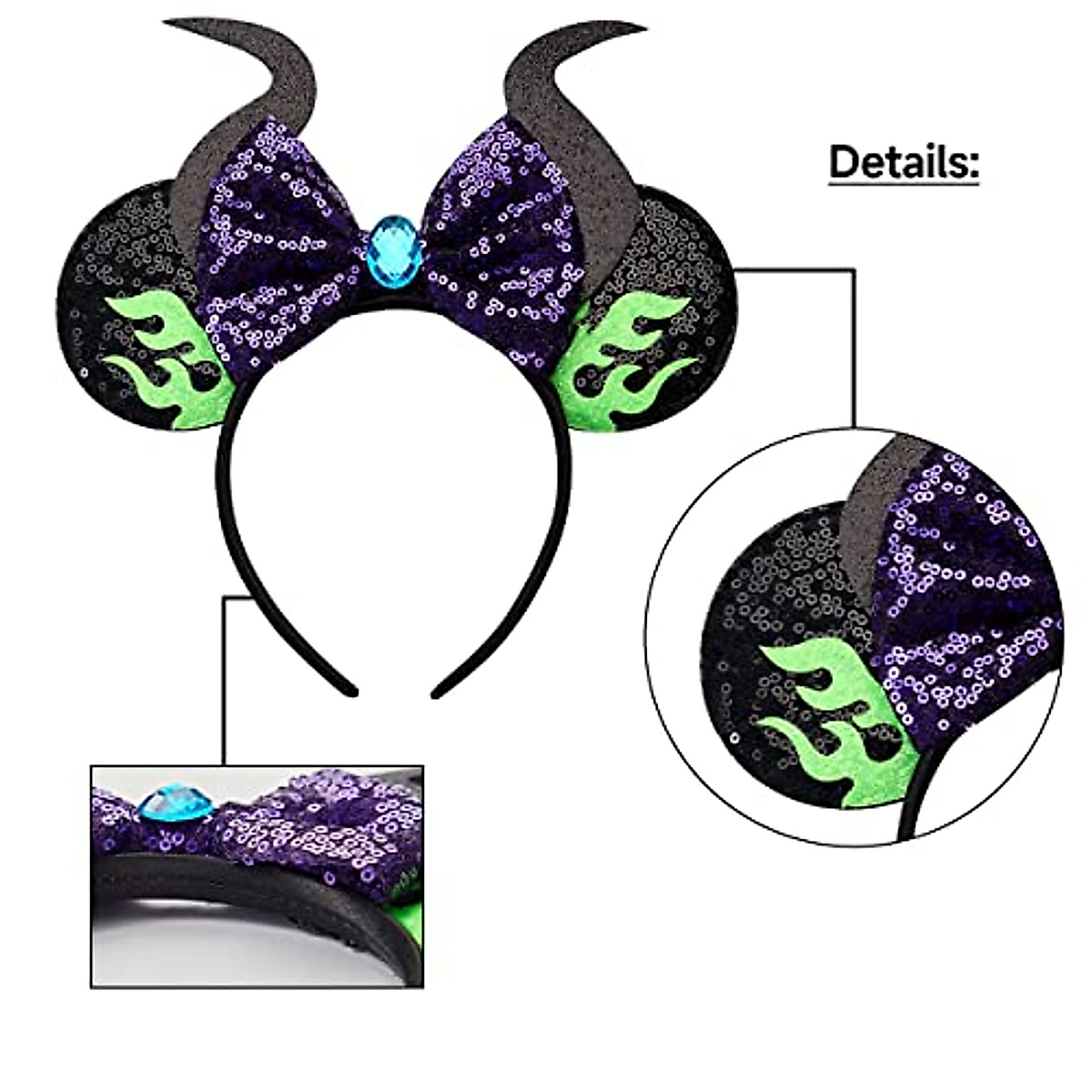 RAZKO Maleficent Horns Minnie Ears Headband, Sequin Halloween Mickey Ears Headband Mouse ears Headband for Women Girls Hair Accessories, Pick Your Color(Flaming Maleficent)
